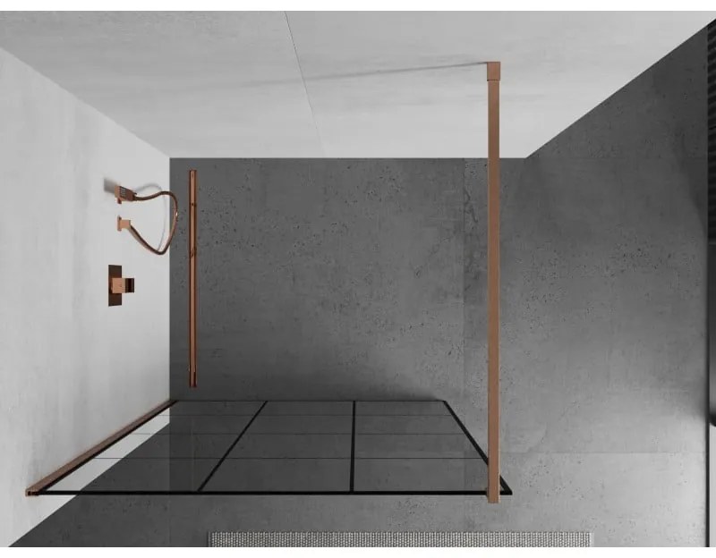 Mexen Kioto, sprchová zástěna Walk-In 100 x 200 cm, 8mm čiré sklo černý vzor, ​​měděný matný profil, 800-100-101-65-77