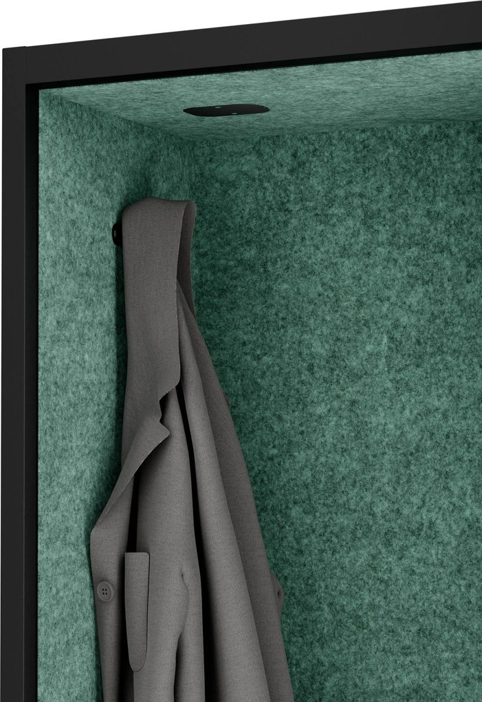 Kancelářská akustická kabina se sedátkem a USB-C portem, korpus černý / sedák zelený, 600 mm: SALLY MentalBox