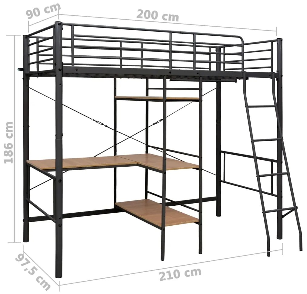vidaXL Marketos Rám poschoďové postele se stolem šedý kov 90 x 200 cm