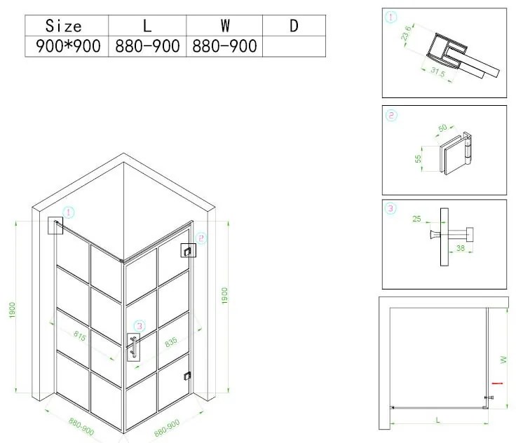 BPS-koupelny Čtvercový sprchový kout HYD-SK10B 90x90 černá/transparent - bez vaničky