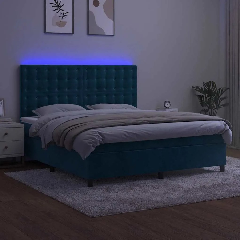 Box spring postel s matrací a LED tmavě modrá 160x200 cm samet 3136375