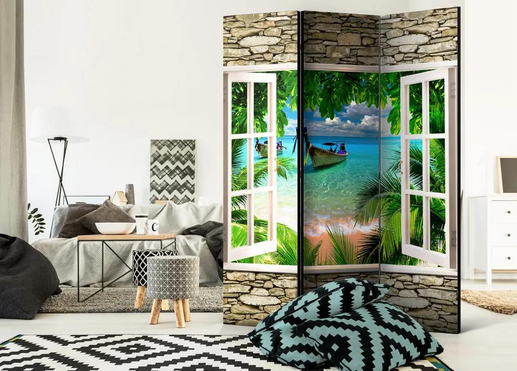 Pokojová zástěna Tropická pláž - okno s kamennou texturou s výhledem na moře