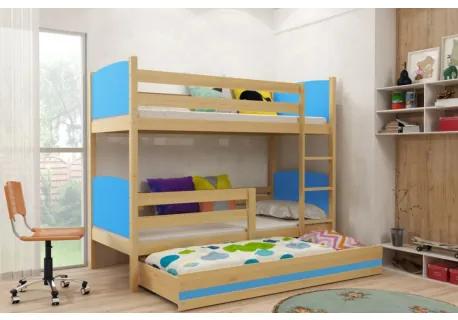Patrová postel TAMI pro 3 osoby včetně matrací (Borovice + Modrá)