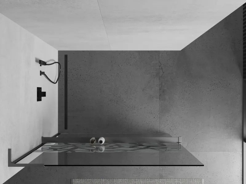 Mexen Kioto+ L, sprchová zástěna Walk-In s poličkou a věšákem 90 x 200 cm, 8mm čiré sklo bílý vzor, ​​grafitový profil, 800-090-123-95-85