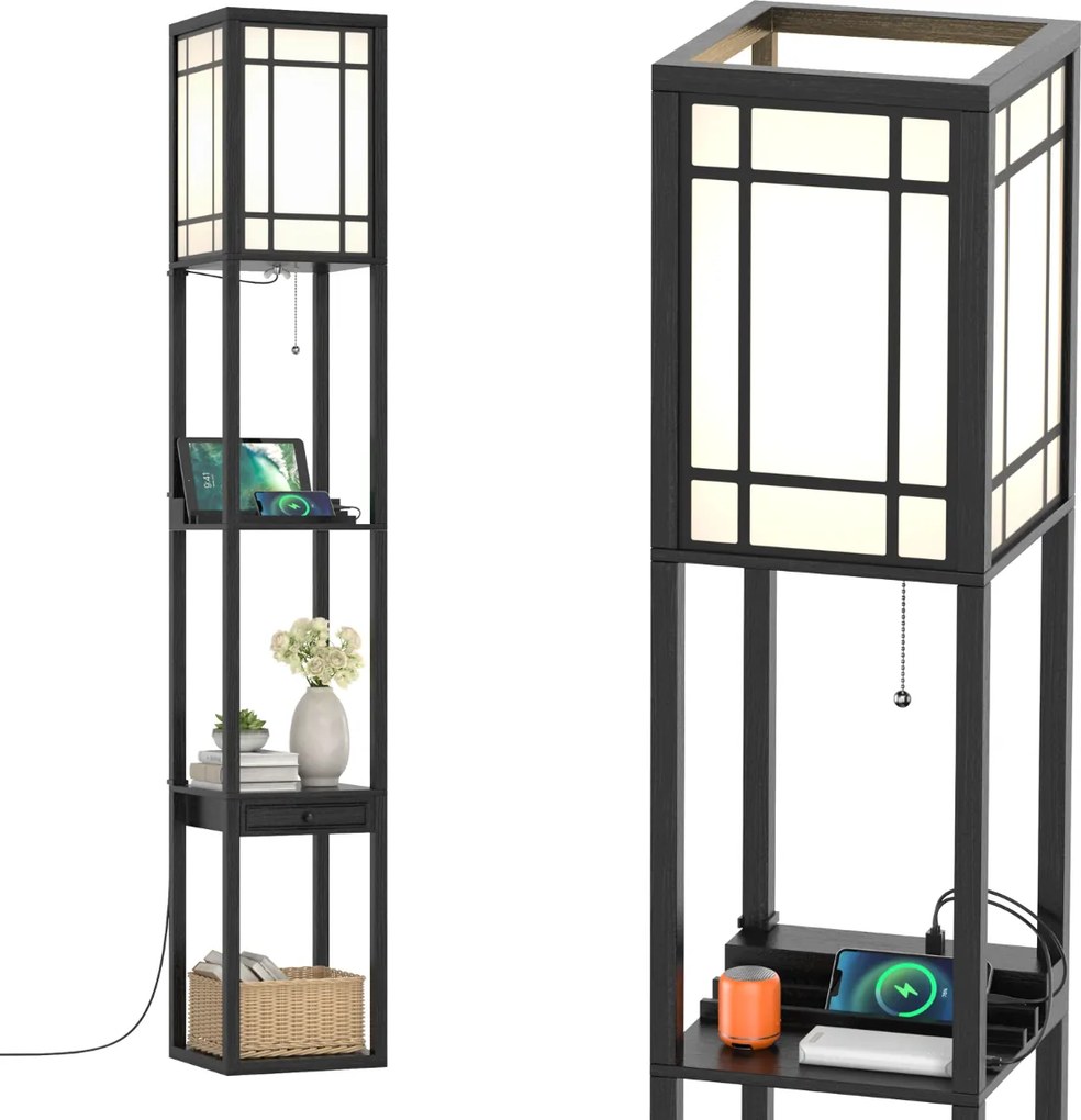 Costway Moderní regálová stojací lampa do obývacího pokoje a ložnice, černý