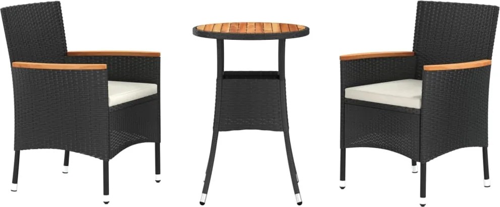 3dílný zahradní bistro set s poduškami černý polyratan 3187428