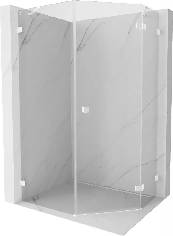 Mexen Lunar, pětiúhelníkový sprchový kout s pravým sklonem 80 x 90 cm, 8mm čiré sklo, bílý profil, 831-080P-090L-20-00-P