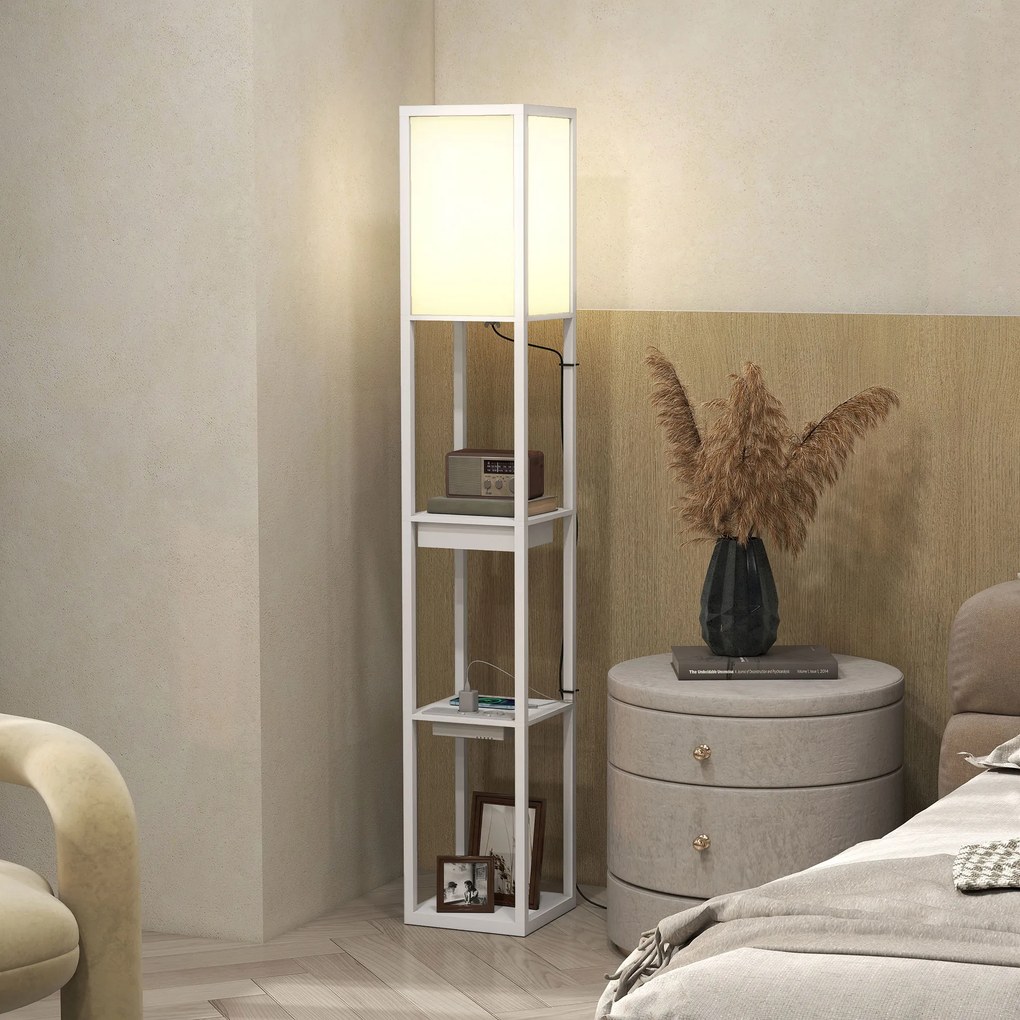 HOMCOM Stojací lampa s 3stupňovou policí, nožní spínač, USB porty, MDF, bílá