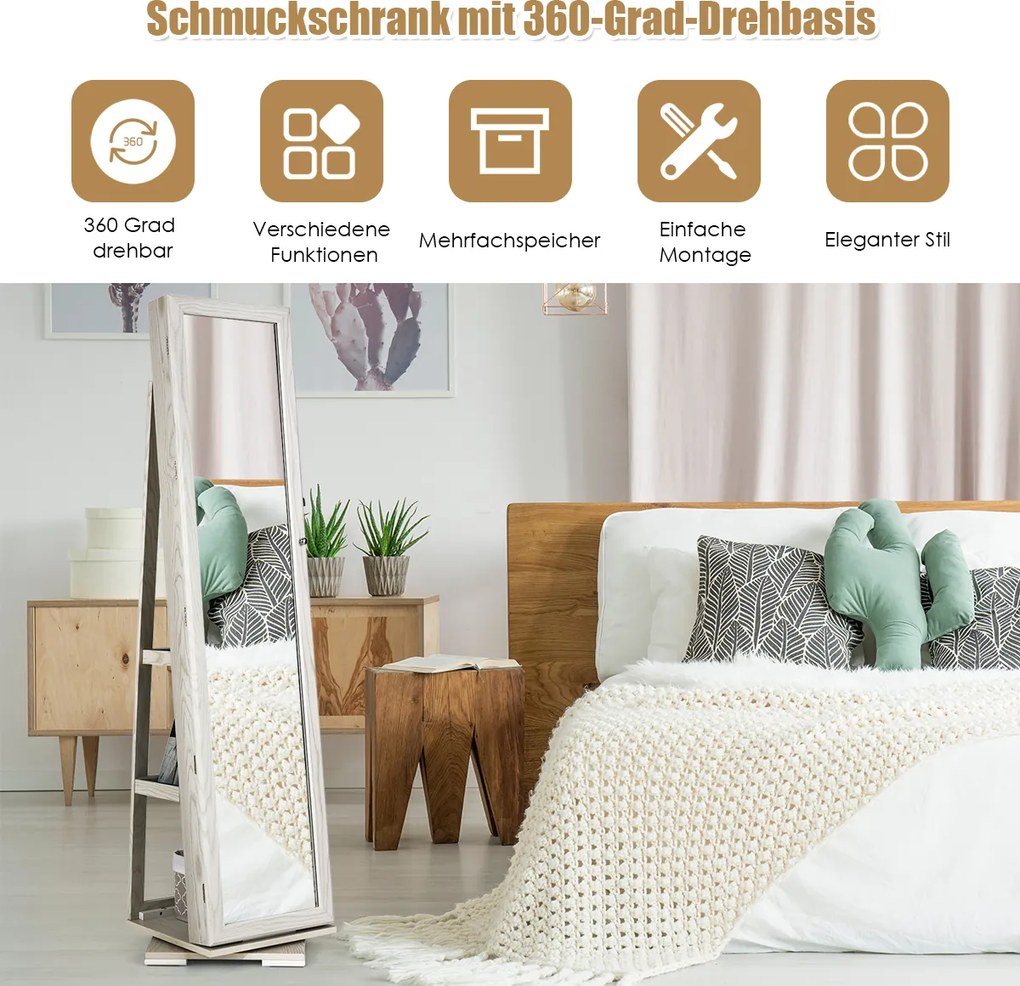Costway Um 360° otočná šperkovnice 2 v 1 Skříňka na šperky – 39 × 39 × 161 cm