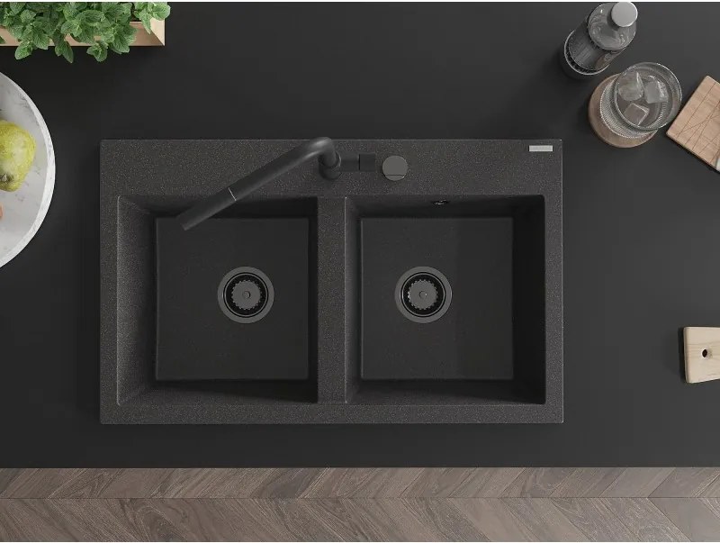 Mexen Hektor, 2-komorový granitový dřez 800x480x205 mm, černá skvrnitá, grafitový sifon, 6521802000-76-B