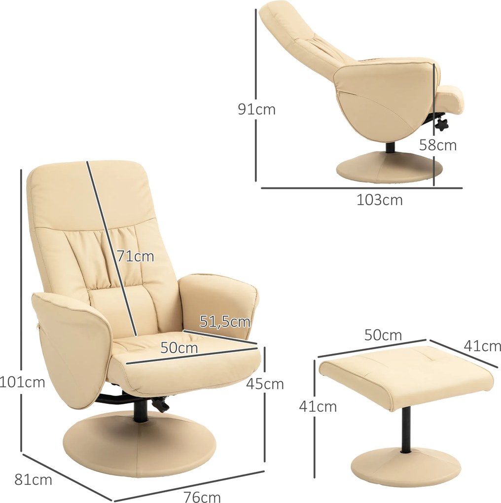 HOMCOM Relaxace Křeslo s Podnožkou - Otáčecí Křeslo 360° s Polohovatelným Opěradlem pro TV, Nosnost do 120 kg, Syntetický Potah, Béžové