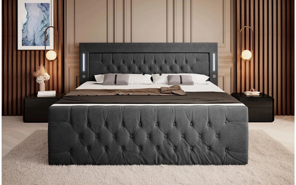 K&M postele Boxspring postel ELEGANCE s úložným prostorem, LED a USB Velikost postele: 200 × 200 cm, Výběr matrace: Taštičková zónová matrace - měkká…