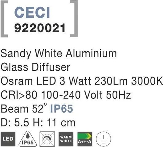 NV 9220021 Venkovní stropní svítidlo CECI bílý hliník skleněný difuzor Osram LED 3W 3000K 100-240V 52st. IP65 - NOVA LUCE