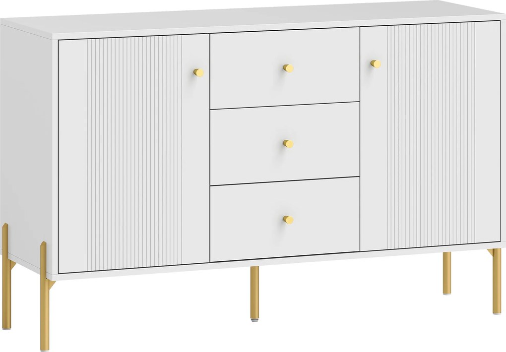 HOMCOM Moderní sideboard, nábytek do kávového koutku se 3 tichými zásuvkami, 2 nastavitelné police, 5 kovových nohou, bílé