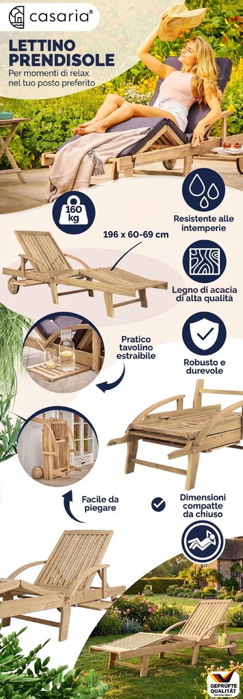 Zahradní lehátko skládací nastavitelný z akáciového dřeva Teak vzhled rozkládací stůl kolečka