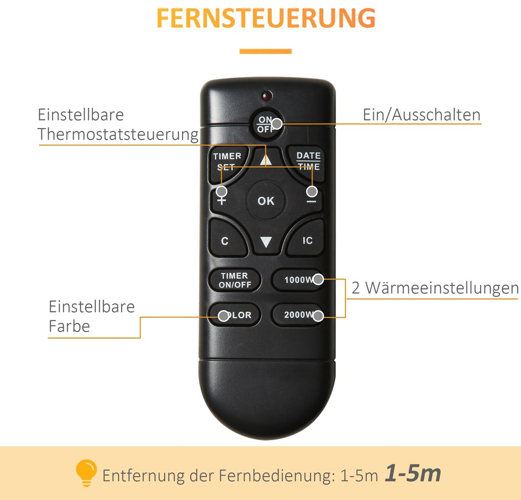 HOMCOM Elektrický krb s LED efektem plamene,1000/2000W, nástěnný krb v 7 barvách, elektrický krb s dálkovým ovládáním, nástěnný, černý | Aosom