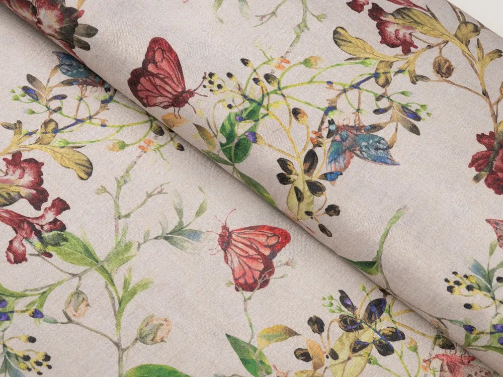 Biante Dekorační povlak na polštář s lemem PML-083 Květiny a motýli na béžovém 45 x 45 cm