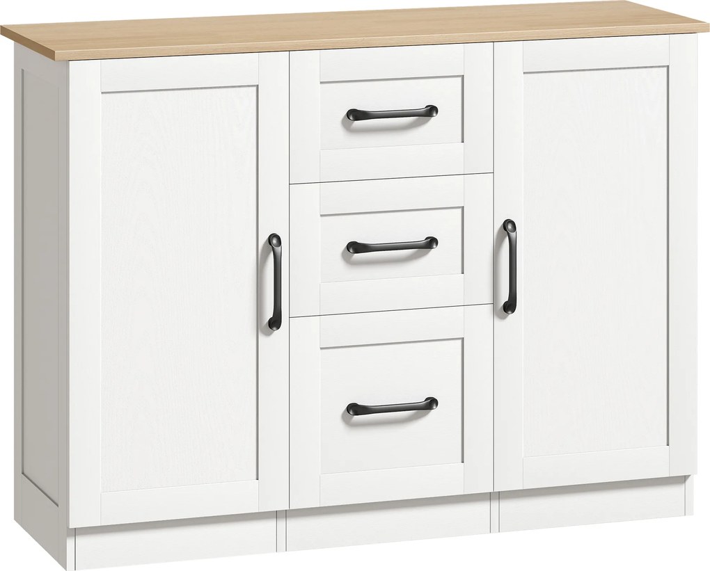 HOMCOM Komoda do obývacího pokoje, úložný nábytek se 2 dvířky s tichým dovíráním a 3 zásuvkami, 110x35x80,4 cm, bílá a přírodní dřevo