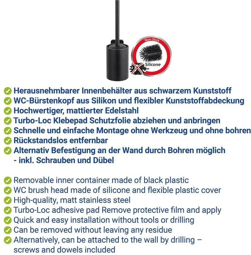 Matně černá WC štětka bez vrtání Turbo-loc z nerezové oceli Porto – Wenko