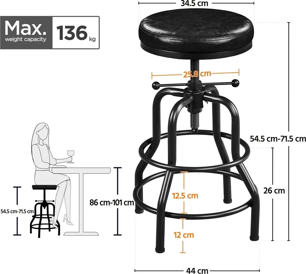 Barová židle Yaheetech – černá, 44 cm (délka) × 44 cm (šířka) × 54,5 cm – 71,5 cm (výška) (256244013357)