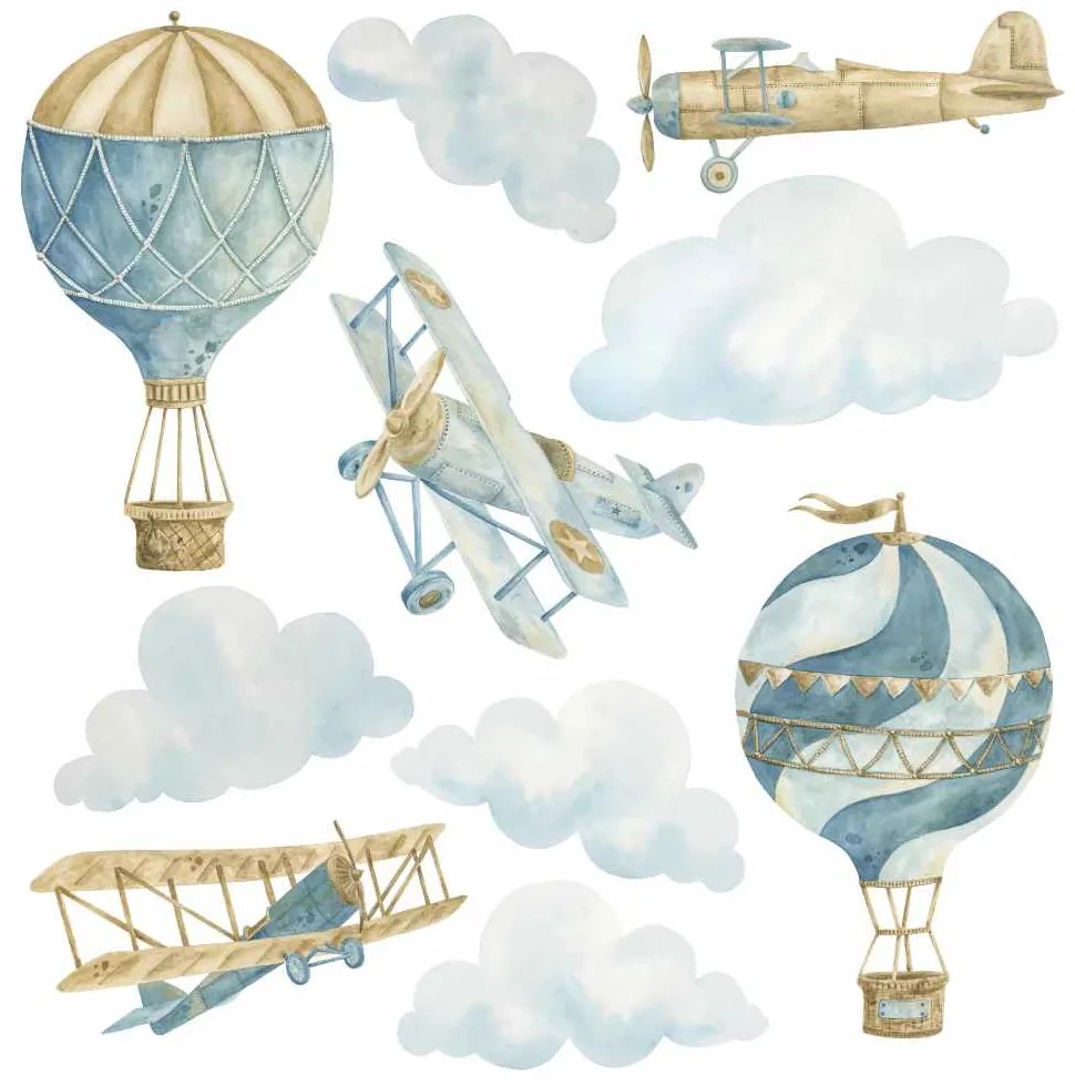 Gario Dětská nálepka na zeď Retro balloons and airplanes - tři letadla a dva balóny