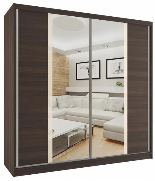Moderní šatní skříň s posuvnými dveřmi se zrcadlem šířka 133 cm korpus kaštan 126