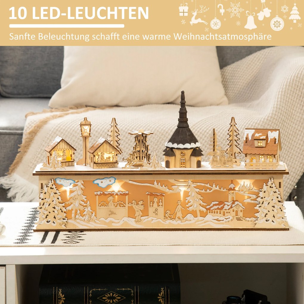 HOMCOM Vánoční dekorace, vánoční vesnička, 10 LED, teplé bílé světlo, 45 x 10 x 25 cm, dekorace ze dřeva