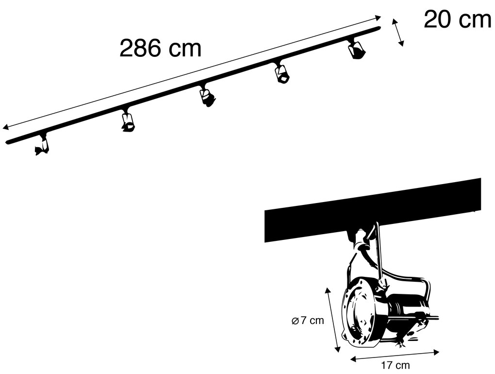 Kolejnicový systém s 5 reflektory 1-fázový černý s ocelí - Suplux