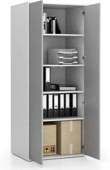 PLAN Kancelářská policová skříň s dveřmi LAYERS, 800 x 600 x 1905 mm, bílá / šedá