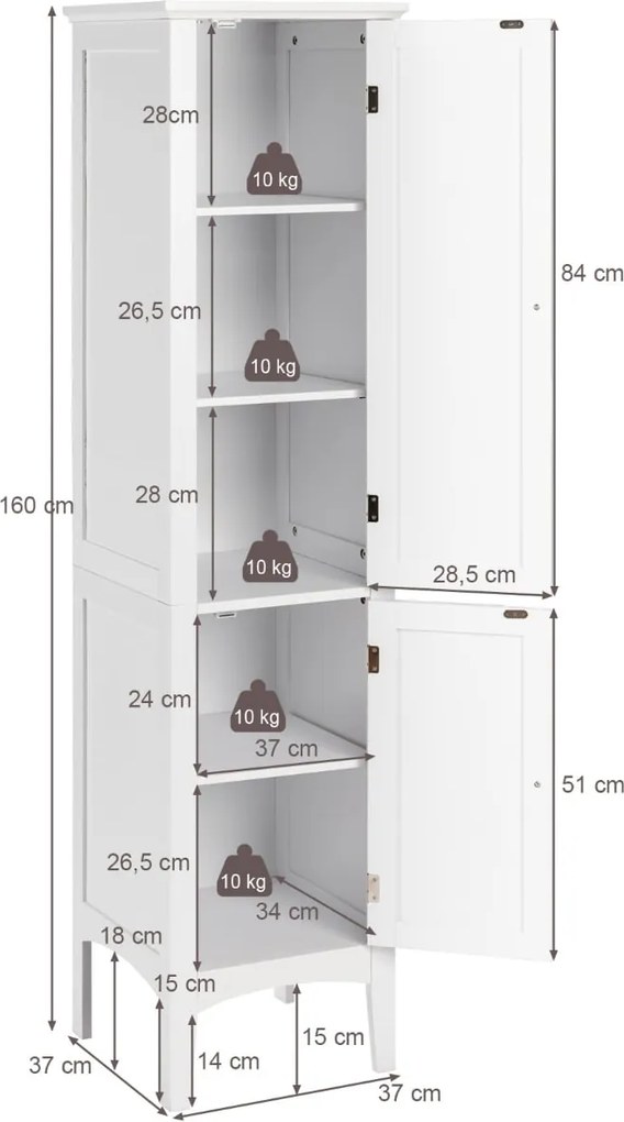 Costway 5patrová koupelnová skříňka Slim volně stojící vysoká, bílý