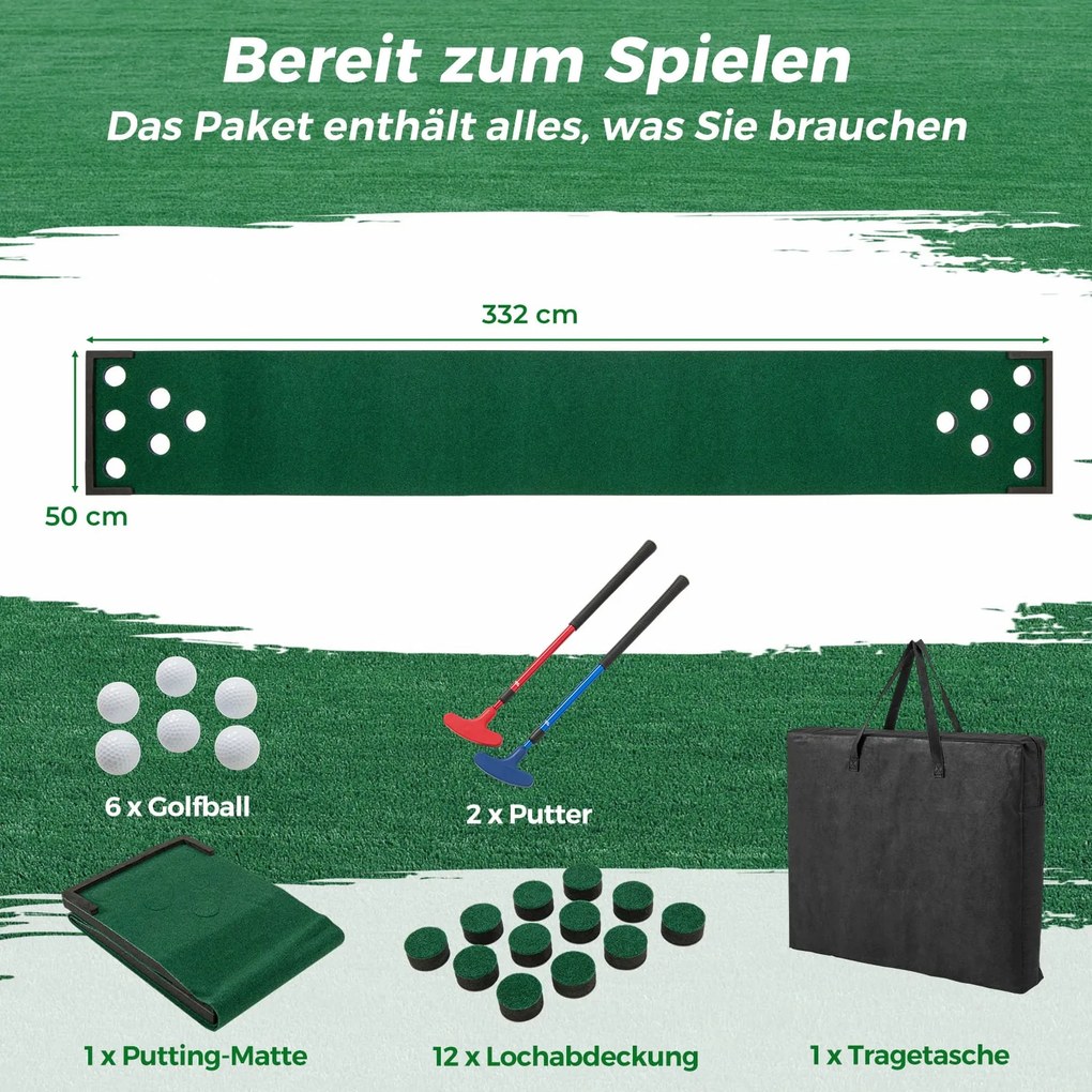 Costway 332 cm golfová podložka s 2 nastavitelnými puttry a 6 míčky a 12 kryty