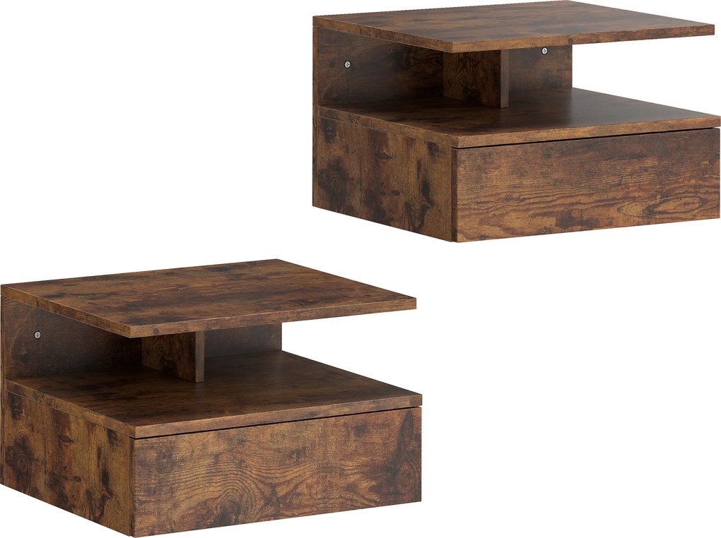 HOMCOM Sada 2 závěsných nočních stolků s šuplíkem, na montáž na stěnu 35x32x22,5 cm, rustikálně hnědá