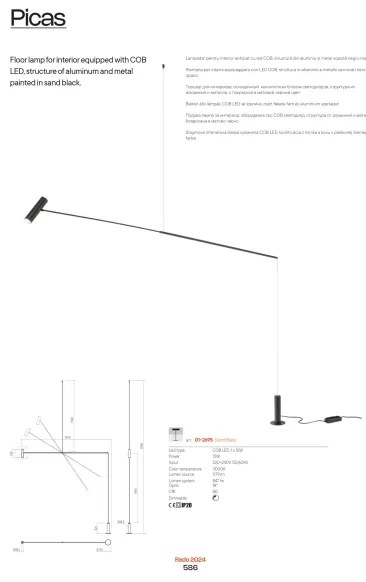 Redo 01-2695 - LED Stmívatelná stojací lampa PICAS LED/12W/230V černá