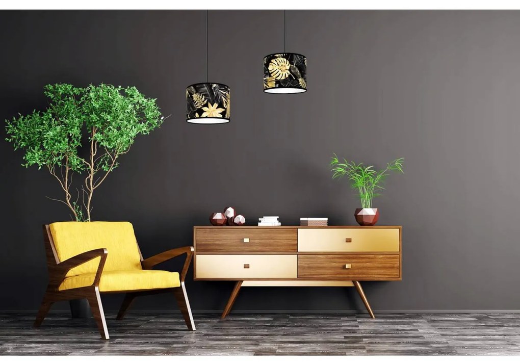 Závěsné svítidlo Gold Flowers, 2x černé textilní stínítko s květinovým vzorem