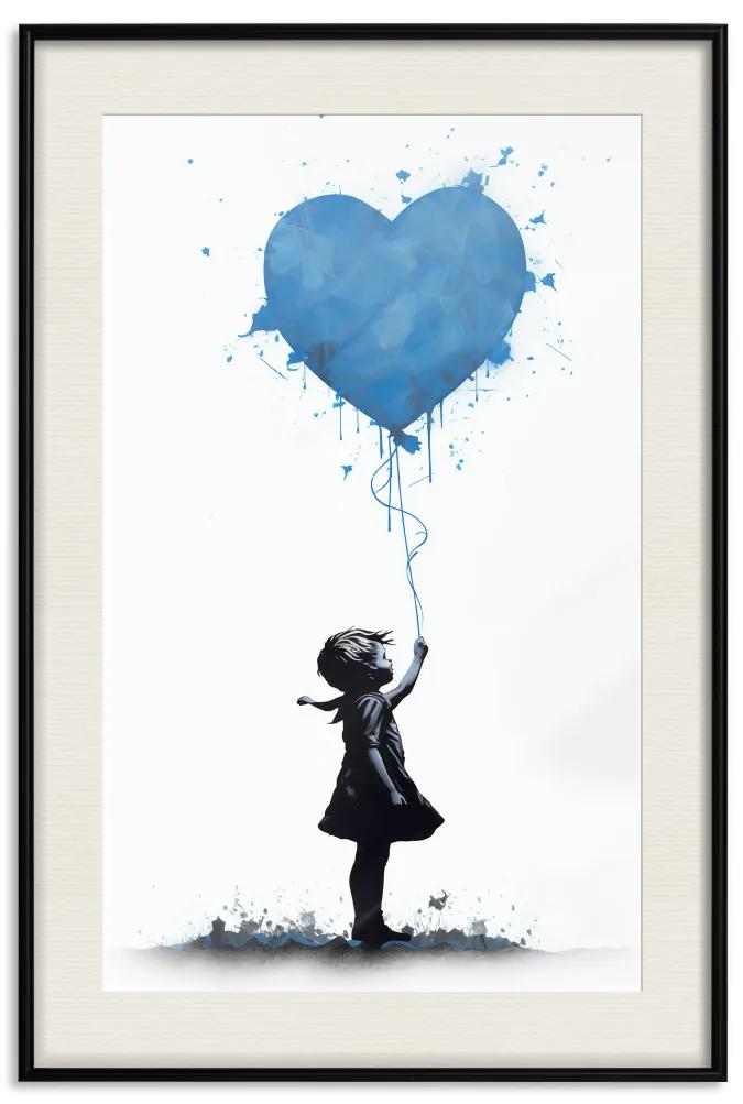 Plakát Modré srdce - nástěnná malba s balónkem inspirovaná Banksyho stylem