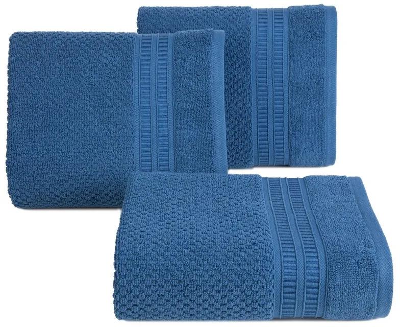 Bavlněný modrý ručník ROSITA s rýžovou strukturou a žakárovou bordurou s geometrickým vzorem Rozměr: 30 x 50 cm