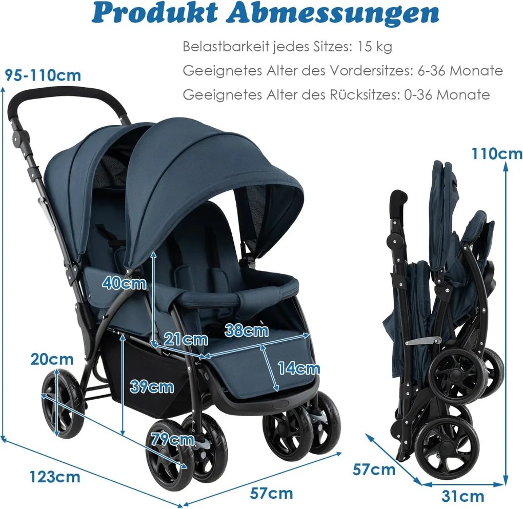 Costway Sourozenecký kočárek skládací dvojkočárek s nastavitelným