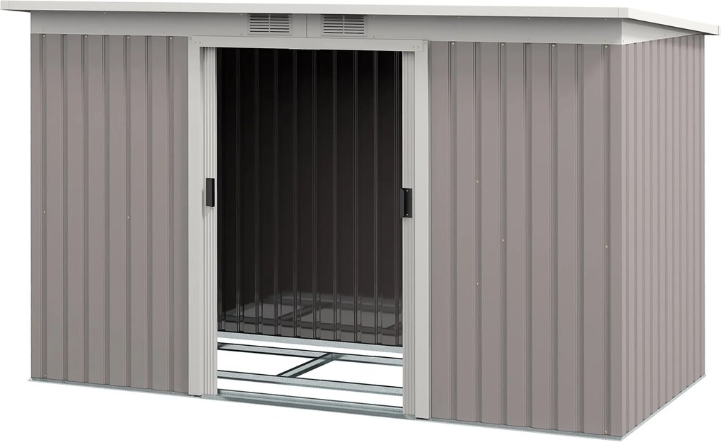 Outsunny Zahradní domků 3,2 m² 280x130x172 cm se posuvnými dveřmi a šikmou střechou Zpevněný základ (podlaha prodávána samostatně) a 2 okny Světle šed