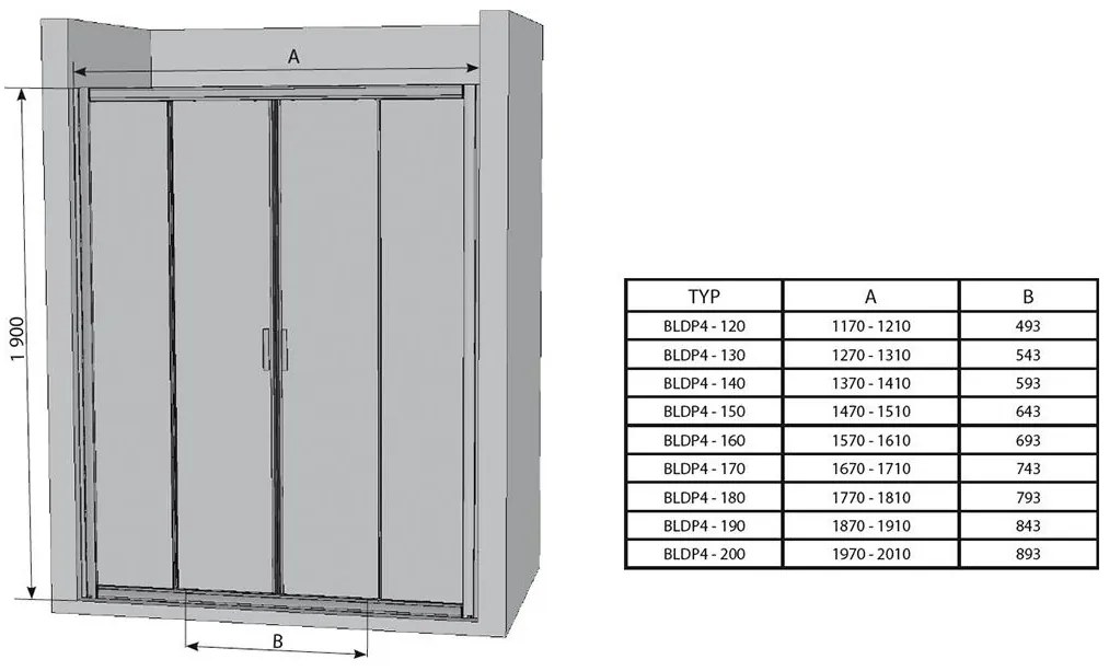 Ravak Sprchové dveře posuvné čtyřdílné 140 cm satin,     BLDP4-140  TRANSPARENT   0YVM0U00Z1 Profil: Satin, Sklo: Hladké čiré BLDP4-140  TRANSPARENT