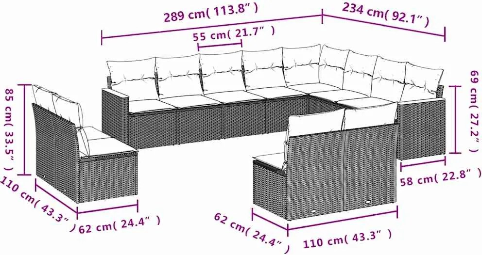 12dílná zahradní sedací souprava s polštáři černá polyratan 3226470