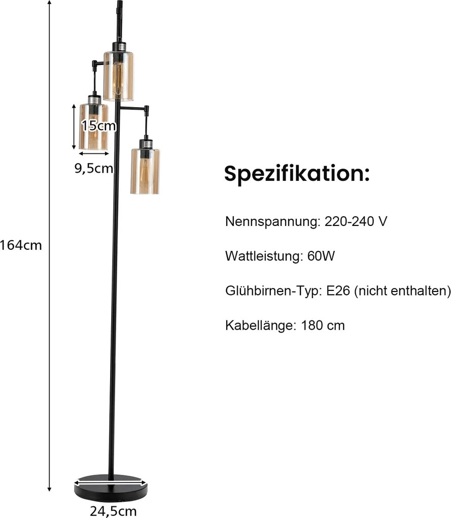 Costway Stojací lampa 164 cm s 3 závěsnými stínidly z jantarového skla a nožním