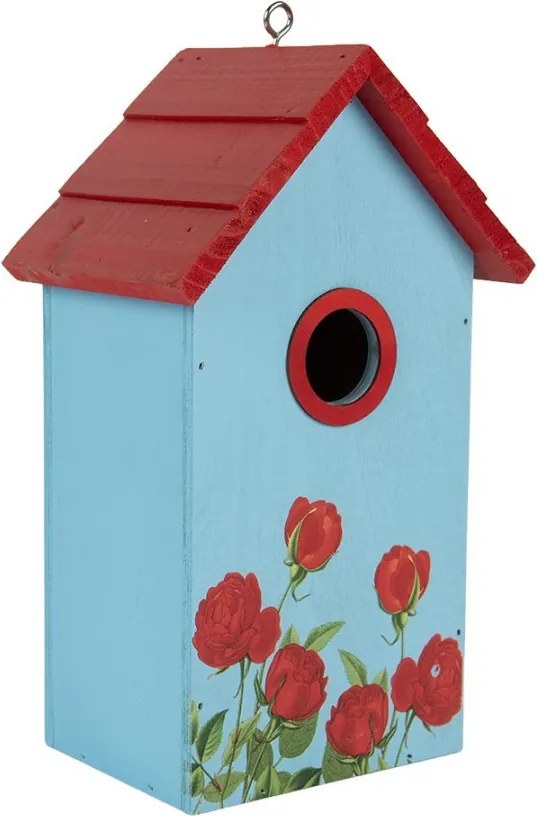 Červeno-modrá dřevěná ptačí budka s růžemi Birdhouse - 15*10*22 cm