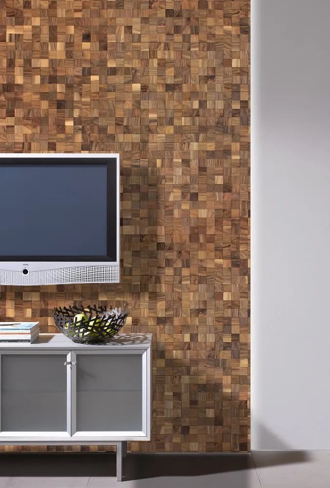 OŘECH 50, jednotlivé kusy 50 x 50 mm (0,0025 m²) nebo samolepící panel 300 x 300 mm (0,09 m²) - dřevěná mozaika 3D 4 mm Broušený - olejovaný