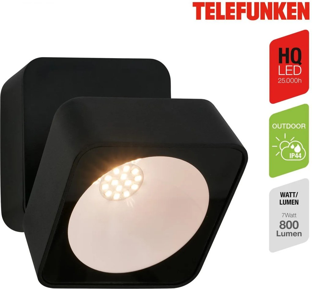 TF 322005TF TELEFUNKEN LED venkovní nástěnné svítidlo, ochrana proti stříkající vodě, bez vypínače, 3000K teplá bílá, černé - BRILONER