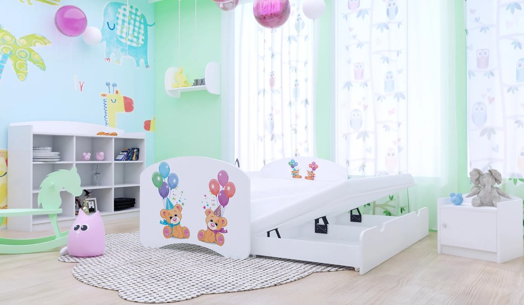 Svět pokojů Dětská postel Kevin pro dvě děti - dva medvídci s balónky + matrace zdarma Barva: Růžová, Rozměr: 160x80 cm, Zábrana: ANO (+450 Kč)