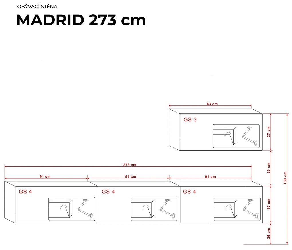 Ral Obývací stěna MADRID 4, 273 cm - Černý lesk