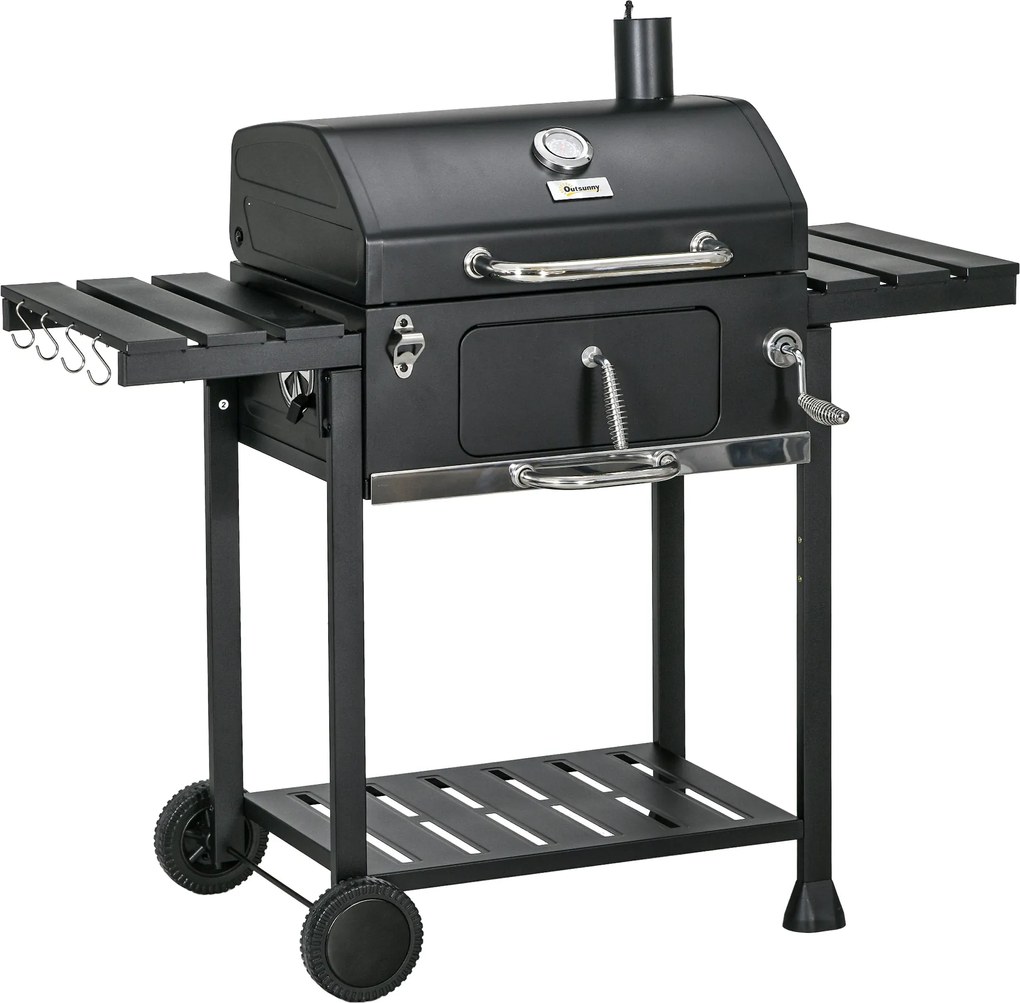 Outsunny Uhlový Gril, Kempingový Gril se dvěma rošty, Skládací Postranní Stůl, Grilovací Vozík s Policí, BBQ Rukojeť, Nerezová ocel, Černá, 120 x 64 x