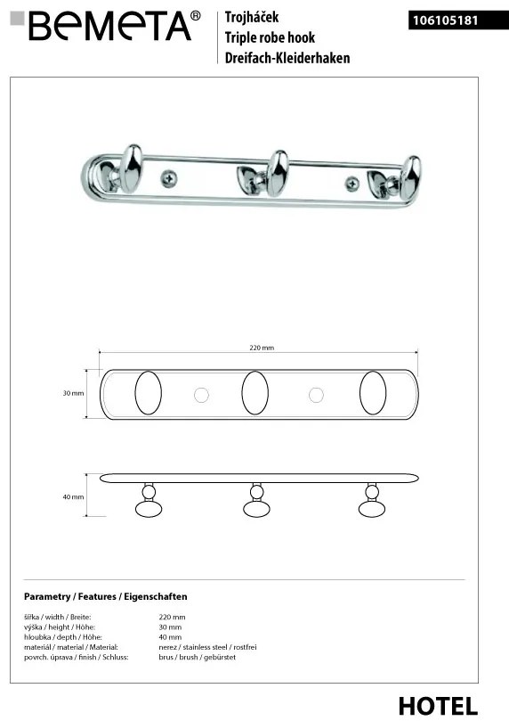 Bemeta Design Věšák, se 3 háčky - 106105181
