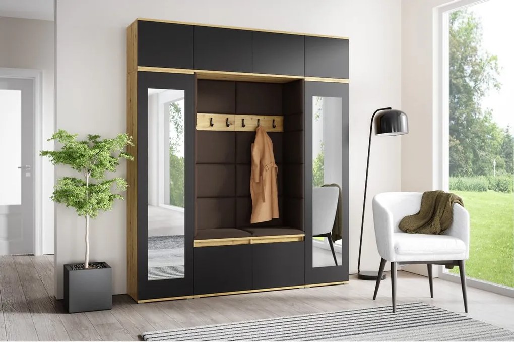 Eka Předsíňová stěna s čalouněnými panely Trinity 32 - Dub Artisan s černou / Tmavá hnědá 2308