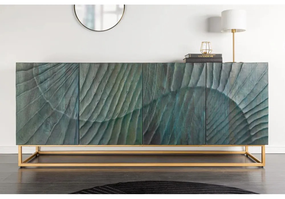 Massive home | Příborník SCORPION 180cm 3D mangovníkové dřevo tyrkysově zlaté